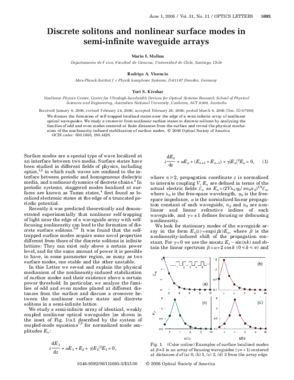 (PDF) Discrete solitons and nonlinear surface modes in semi-infinite waveguide arrays