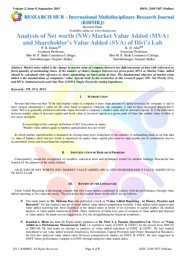 (PDF) Analysis of Net worth (NW) Market Value Added (MVA) and ...