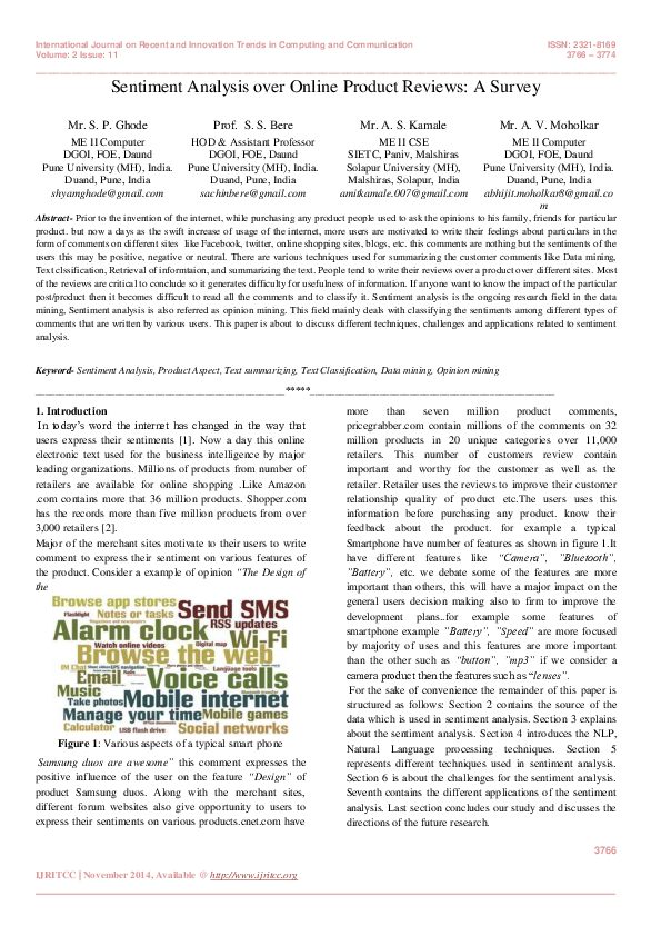 (PDF) Sentiment Analysis over Online Product Reviews : A Survey