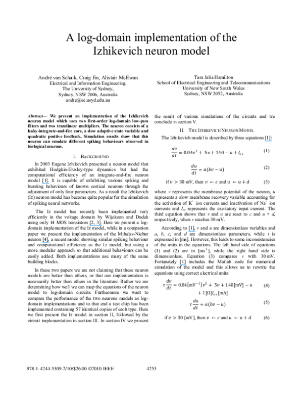 (PDF) A log-domain implementation of the Izhikevich neuron model