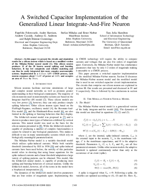 (PDF) A switched capacitor implementation of the generalized linear integrate-and-fire neuron