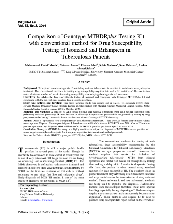 (PDF) Comparison of Genotype MTBDRplus Testing Kit with conventional ...