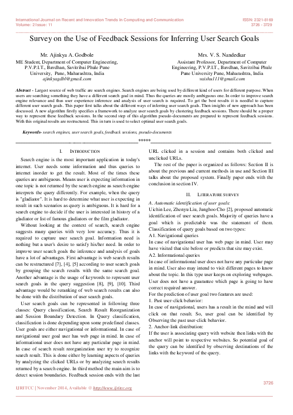 (PDF) Survey on the Use of Feedback Sessions for Inferring User Search Goals