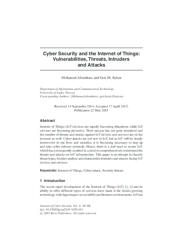 Pdf Cyber Security And The Internet Of Things Vulnerabilities Threats Intruders And Attacks