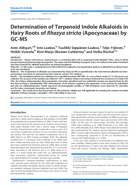 (PDF) Determination of Terpenoid Indole Alkaloids in Hairy Roots of ...