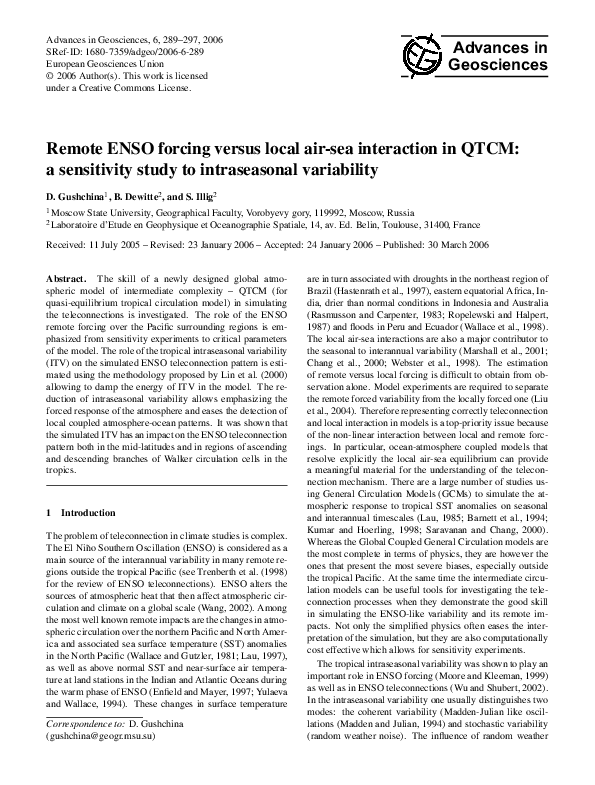 (PDF) Remote ENSO forcing versus local air-sea interaction in QTCM: a ...