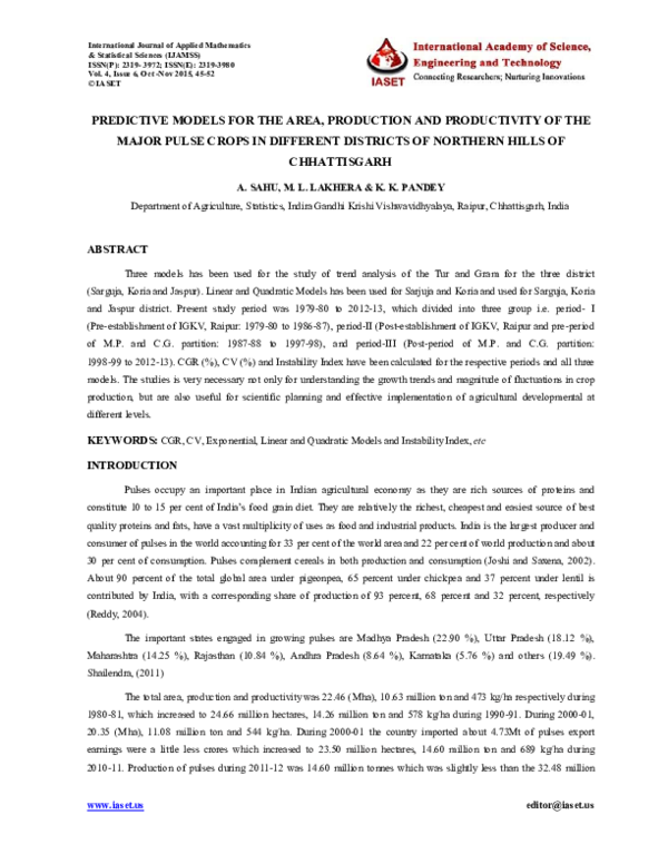 Pdf Predictive Models For The Area Production And Productivity Of The Major Pulse Crops In