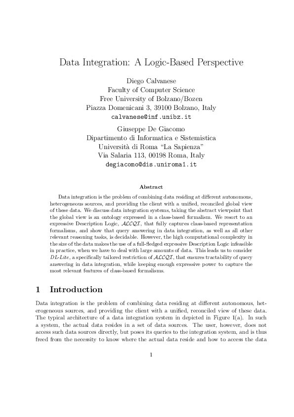 (PDF) Data integration: A logic-based perspective