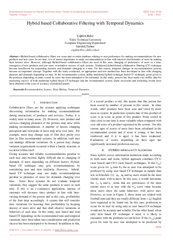 Pdf Hybrid Based Collaborative Filtering With Temporal Dynamics