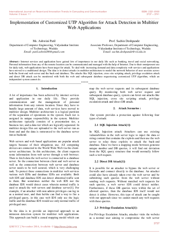 Pdf Implementation Of Customized Utp Algorithm For Attack Detection In Multitier Web Applications