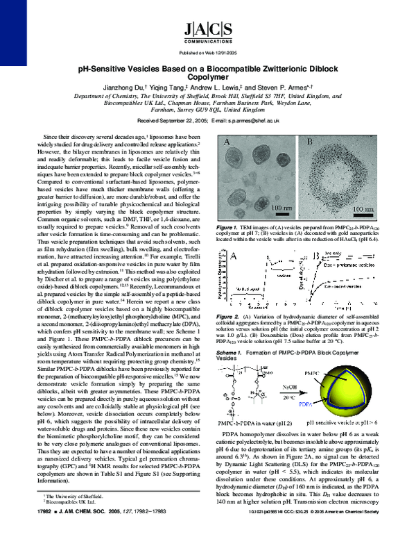 (PDF) pH-Sensitive Vesicles Based on a Biocompatible Zwitterionic Diblock Copolymer