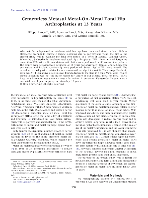 (PDF) Cementless Metasul Metal-On-Metal Total Hip Arthroplasties at 13 ...