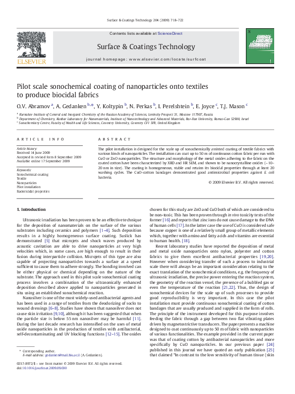 (PDF) Pilot scale sonochemical coating of nanoparticles onto textiles ...