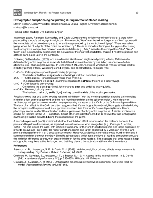 (PDF) Orthographic and phonological priming during normal sentence reading