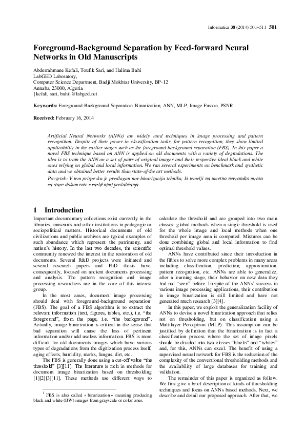 Pdf Foreground Background Separation By Feed Forward Neural Networks