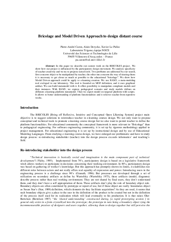 (PDF) Bricolage and Model Driven Approach to design distant course