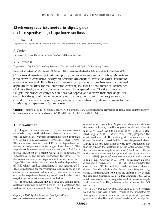 (PDF) Electromagnetic interaction in dipole grids and prospective high-impedance surfaces | Said ...