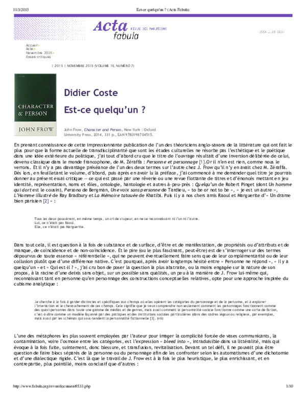 (PDF) Est-ce quelqu'un? essai critique sur Character and Person de John ...