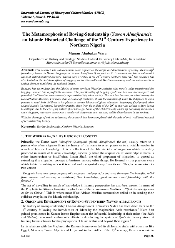 (PDF) The Metamorphosis of Roving-Studentship (Yawon-Almajiranci): An ...