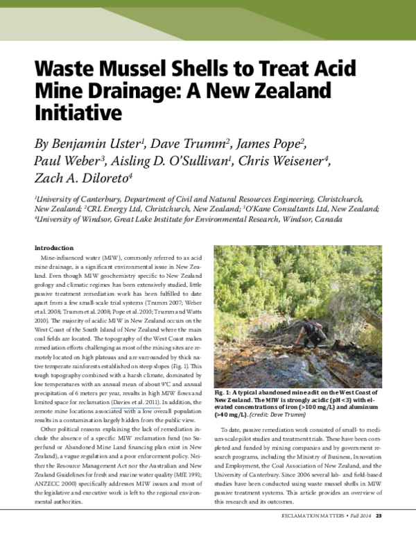 (PDF) Waste Mussel Shells to Treat Acid Mine Drainage: A New Zealand ...