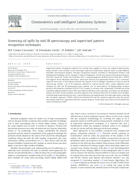 (PDF) Screening oil spills by mid-IR spectroscopy and supervised pattern recognition techniques