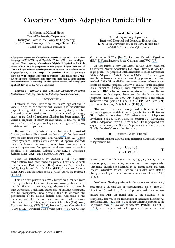 (PDF) Covariance Matrix Adaptation Particle Filter | Hamid Khaloozadeh ...