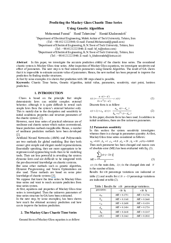 (PDF) Predicting the Mackey Glass chaotic time series using genetic algorithm