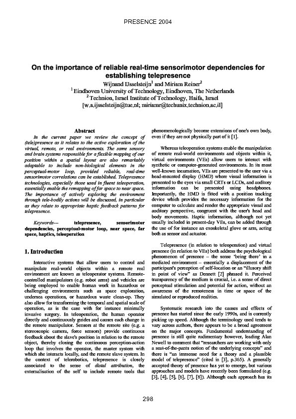 (PDF) On the importance of reliable real-time sensorimotor dependencies for establishing ...