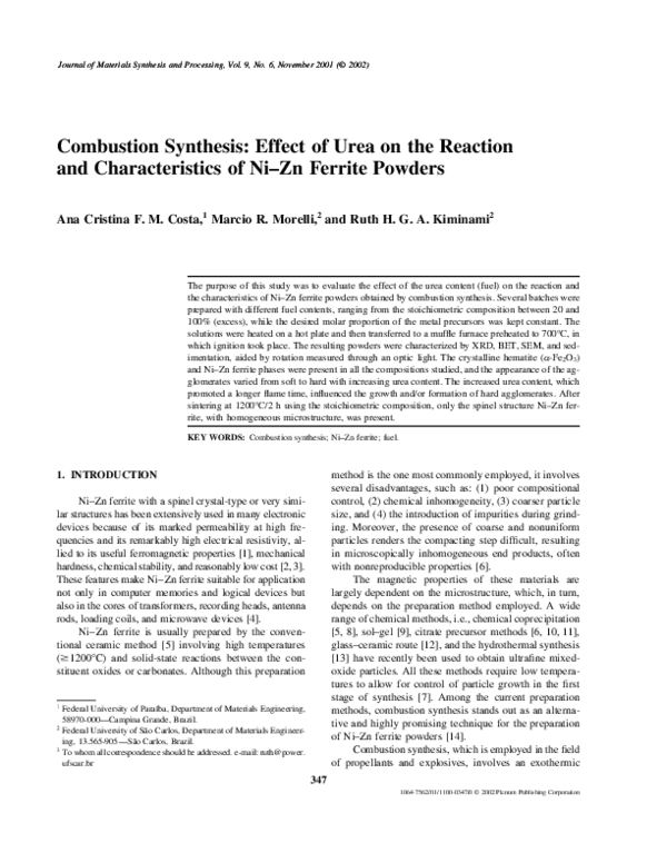 (PDF) Combustion synthesis: Effect of urea on the reaction and characteristics of Ni-Zn ferrite ...