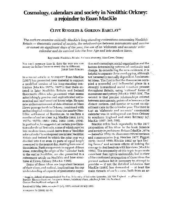 (PDF) Cosmology, calendars and society in Neolithic Orkney: a rejoinder to Euan MacKie