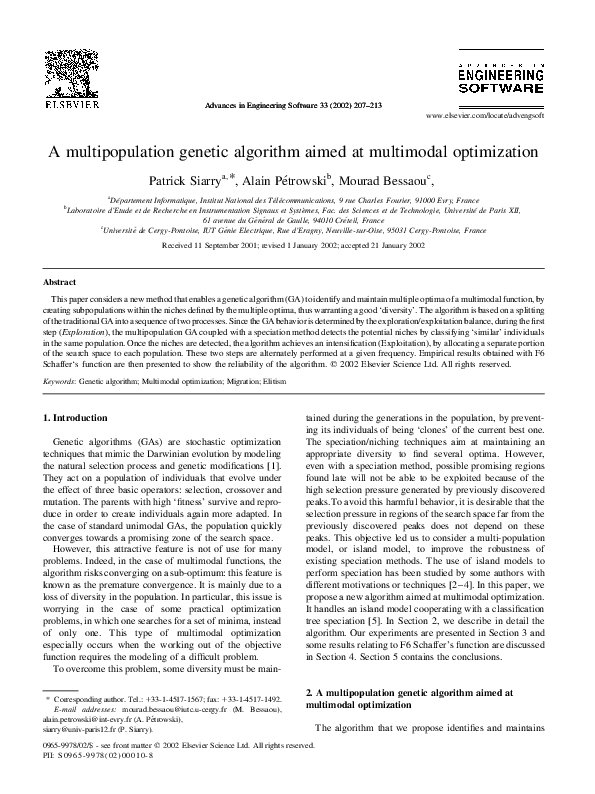 Pdf A Multipopulation Genetic Algorithm Aimed At Multimodal Optimization