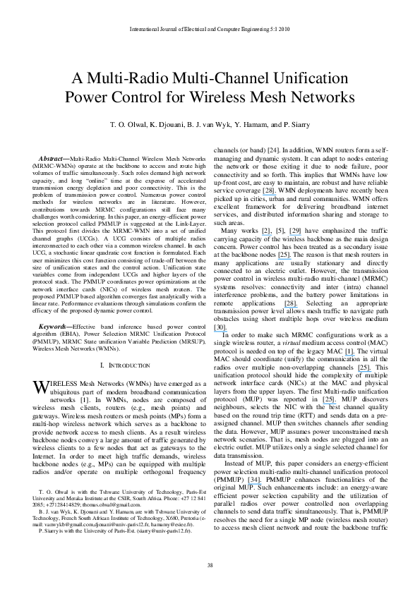 (PDF) A multi-radio multi-channel unification power control for wireless mesh networks