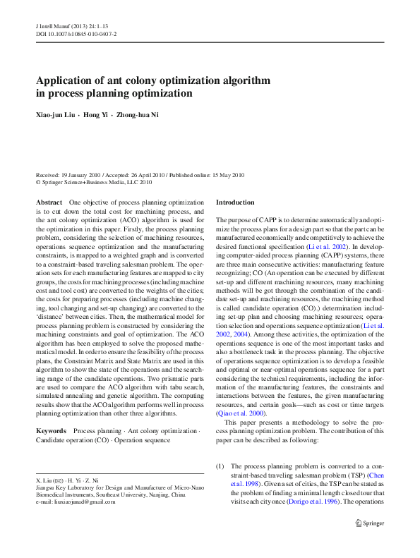 Pdf Application Of Ant Colony Optimization Algorithm In Process Planning Optimization