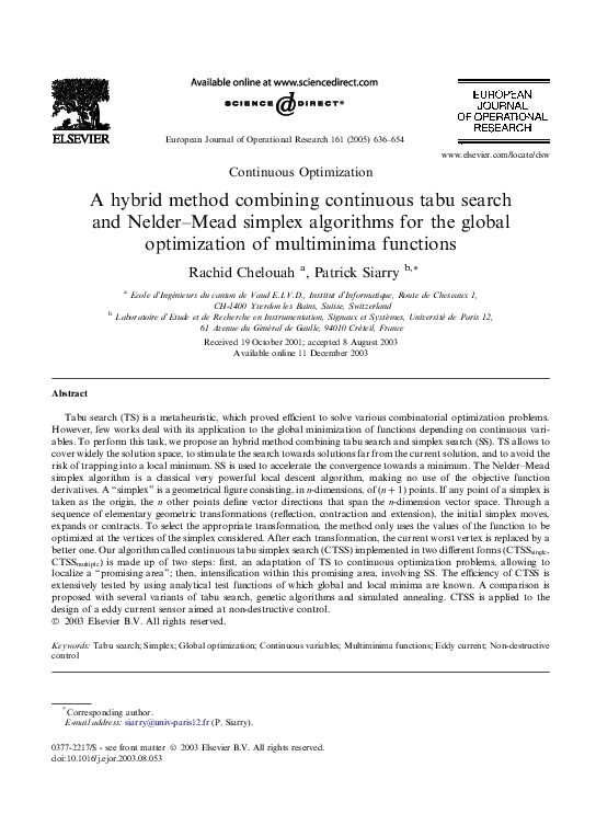 (PDF) A hybrid method combining continuous tabu search and Nelder–Mead simplex algorithms for ...