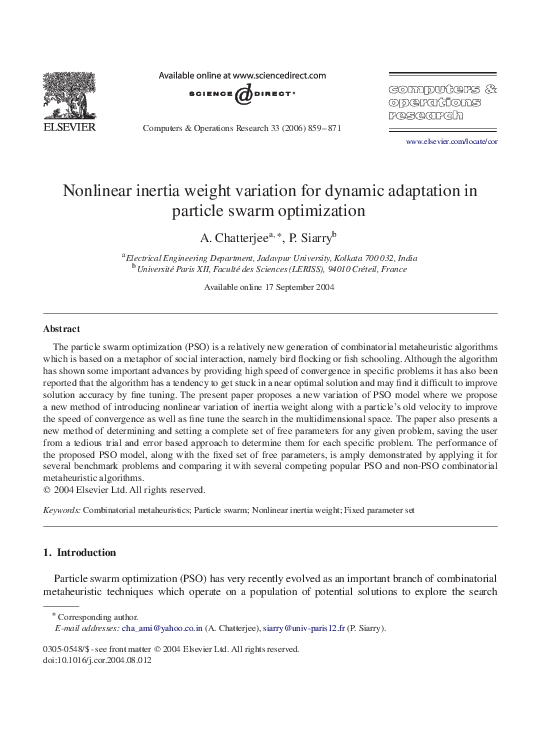 Pdf Nonlinear Inertia Weight Variation For Dynamic Adaptation In Particle Swarm Optimization