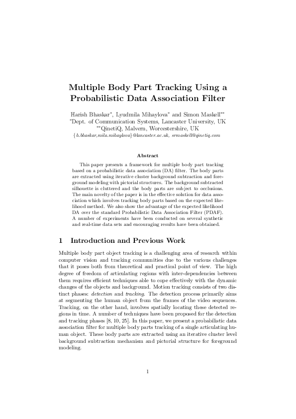 (PDF) Multiple Body Part Tracking Using a Probabilistic Data Association Filter