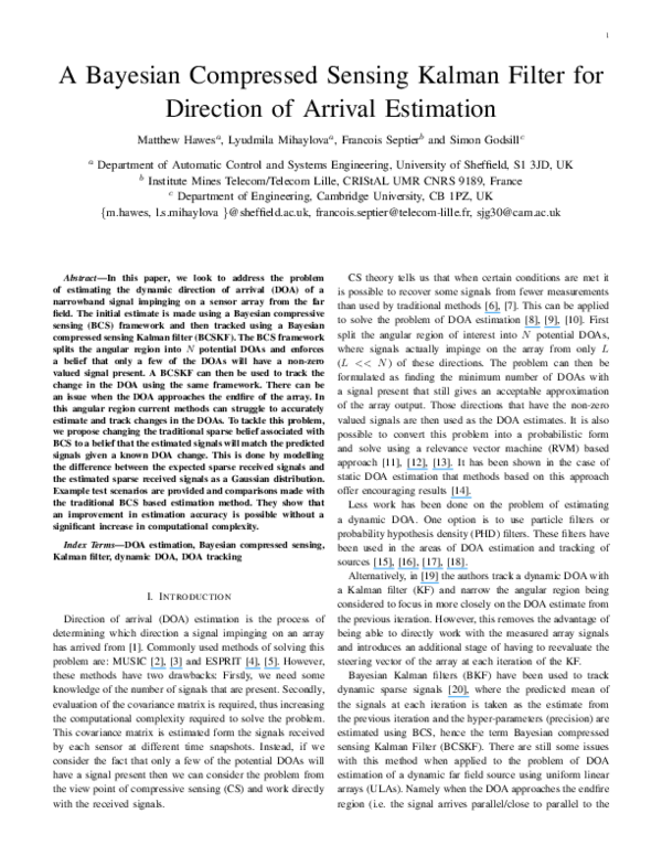 (PDF) A Bayesian Compressed Sensing Kalman Filter for Direction of Arrival Estimation