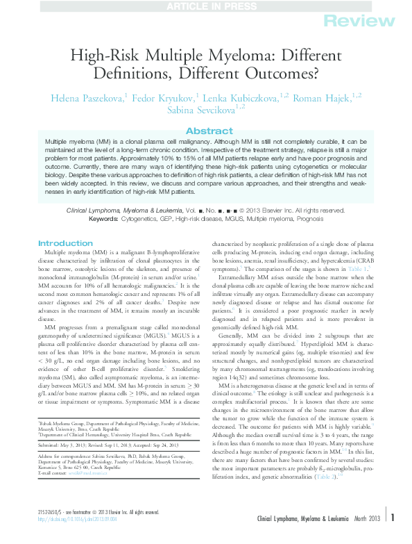 (PDF) High-Risk Multiple Myeloma: Different Definitions, Different Outcomes?