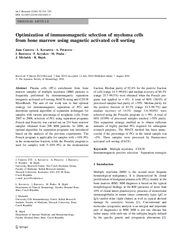 (PDF) Optimization of immunomagnetic selection of myeloma cells from bone marrow using magnetic ...