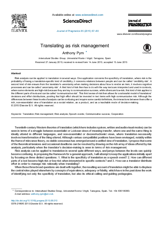 (PDF) Translating as risk management