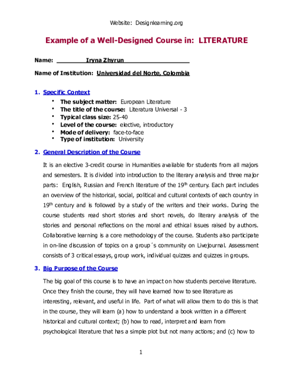 (PDF) Example of a Well-Designed Course in: LITERATURE