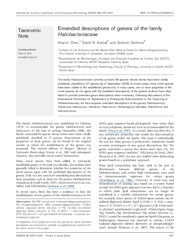 (PDF) Emended descriptions of genera of the family Halobacteriaceae