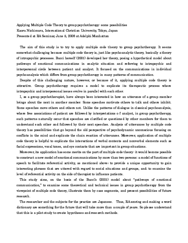 (PDF) Applying multiple code theory to group psychotherapy