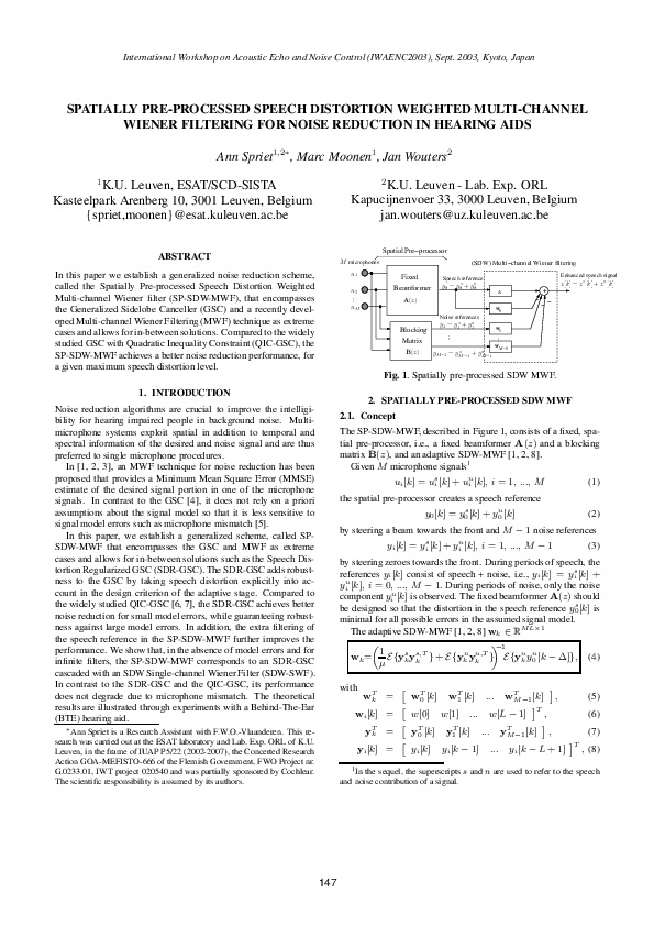 (PDF) Spatially pre-processed speech distortion weighted multi-channel Wiener filtering for ...
