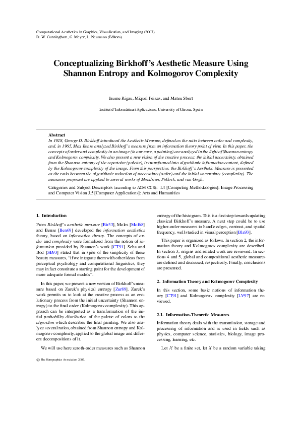 (PDF) Conceptualizing Birkhoff's Aesthetic Measure Using Shannon Entropy and Kolmogorov Complexity