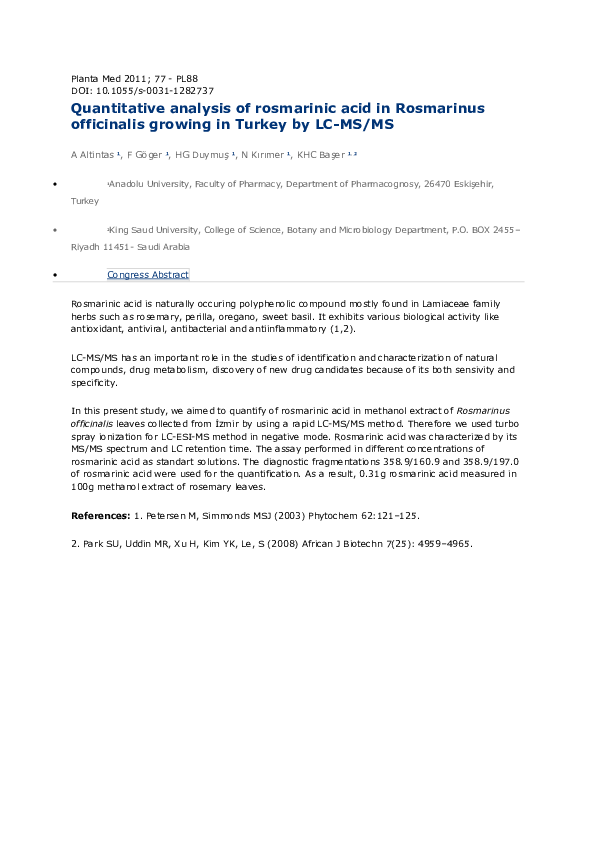 (DOC) Quantitative analysis of rosmarinic acid in Rosmarinus officinalis growing in Turkey by LC ...