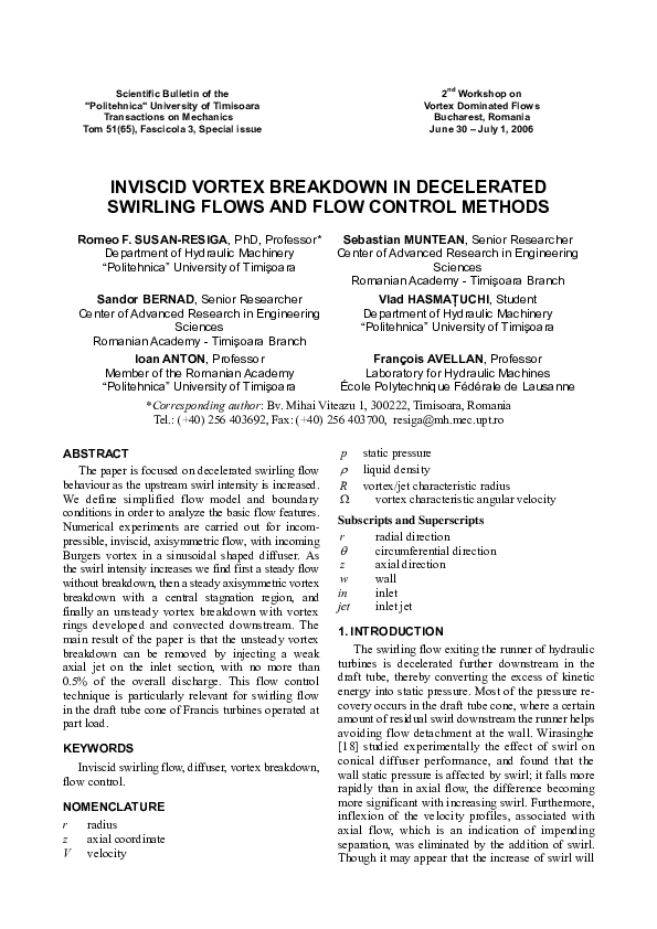 (PDF) Inviscid Vortex Breakdown in Decelerated Swirling Flows and Flow Control Methods