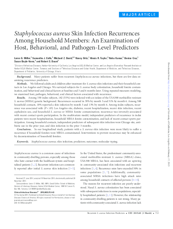 (PDF) Staphylococcus aureus Skin Infection Recurrences Among Household ...