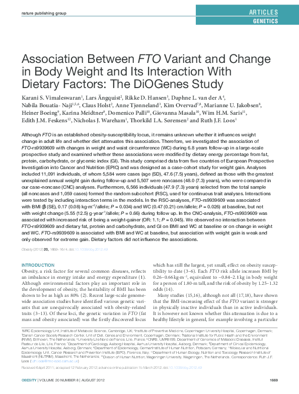 (PDF) Association Between FTO Variant and Change in Body Weight and Its ...