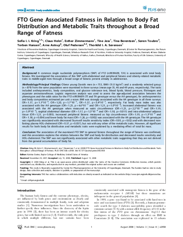 (PDF) FTO Gene Associated Fatness in Relation to Body Fat Distribution ...
